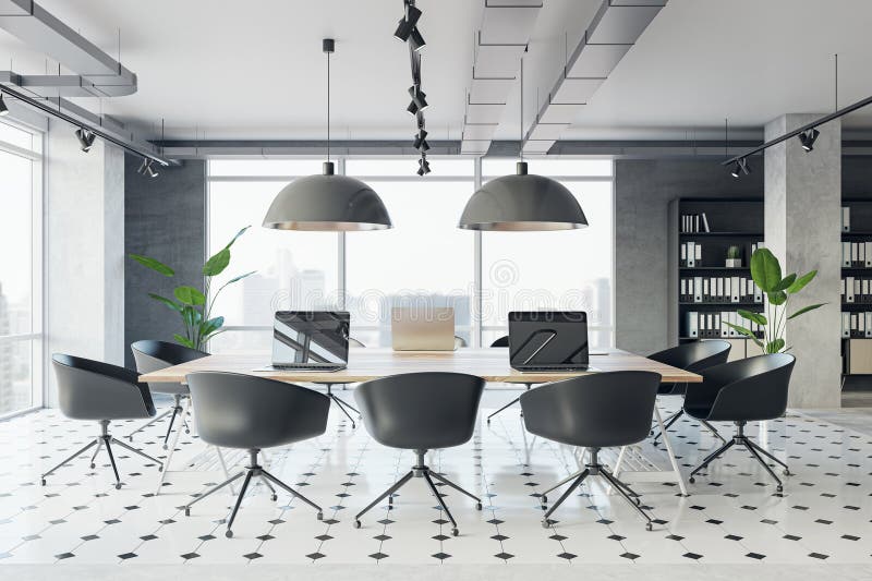 Modern Open Office Interior with Desks, Computers, a Tile Floor, and ...