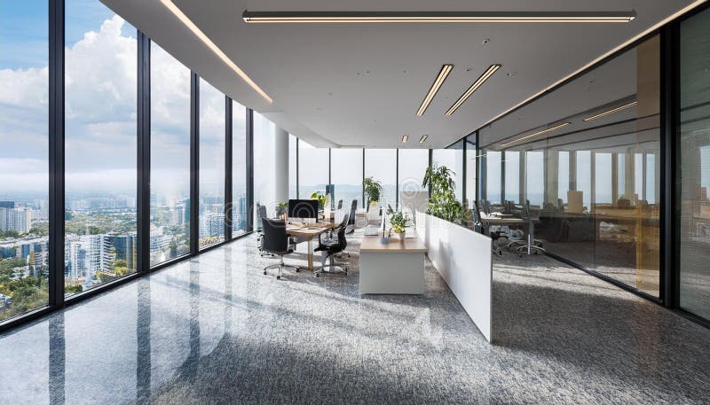Modern Open Office Interior with Marble Flooring and Large Windows. 3D ...