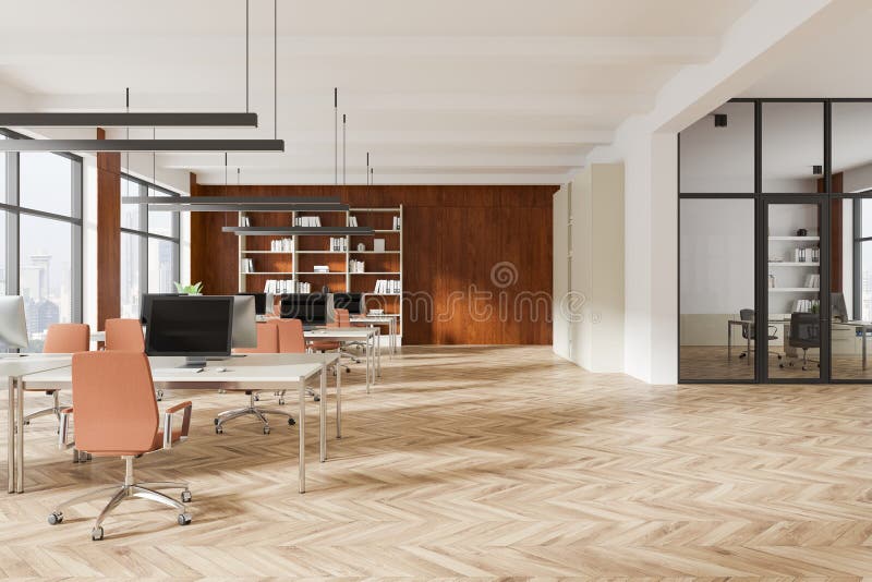 Modern Open Office Interior with Wooden Accents, Large Windows, and ...