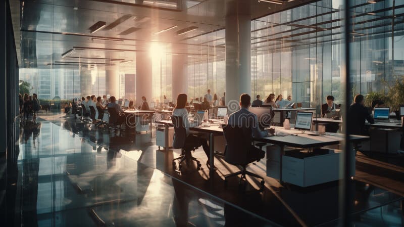 Modern Open Office with Large Windows and Many People Sitting at Their ...