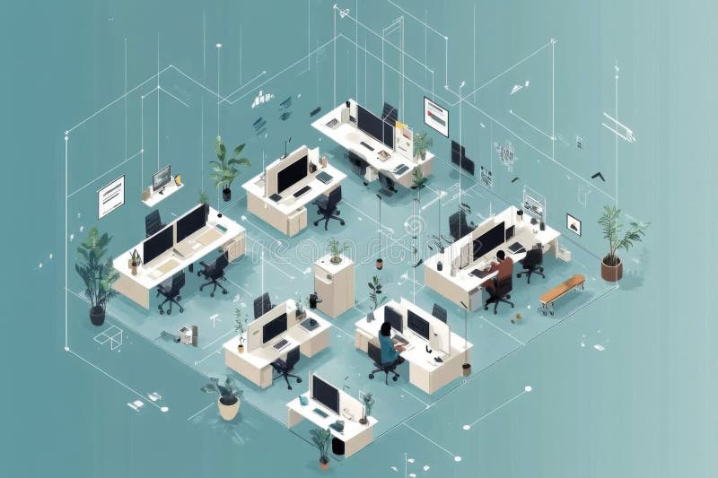 Modern Open Office Layout with Desks and Computers in Minimalistic ...