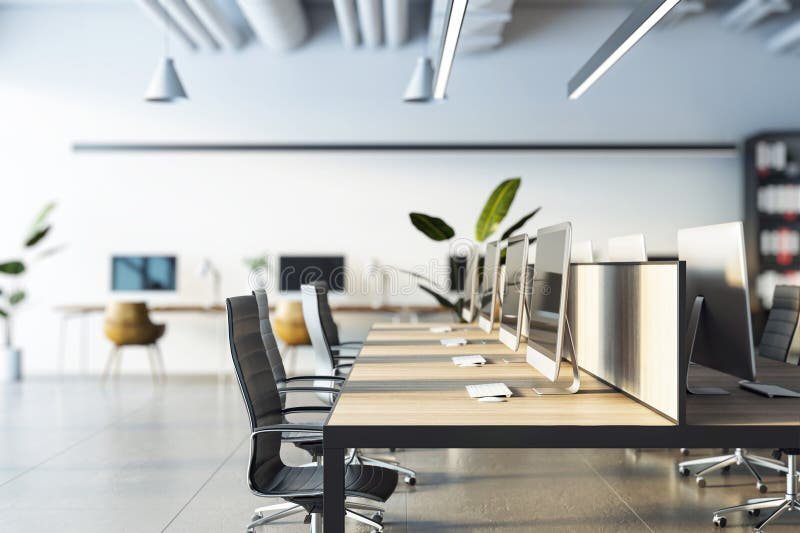 Modern Open Office Layout with Wooden Desks, Ergonomic Chairs ...
