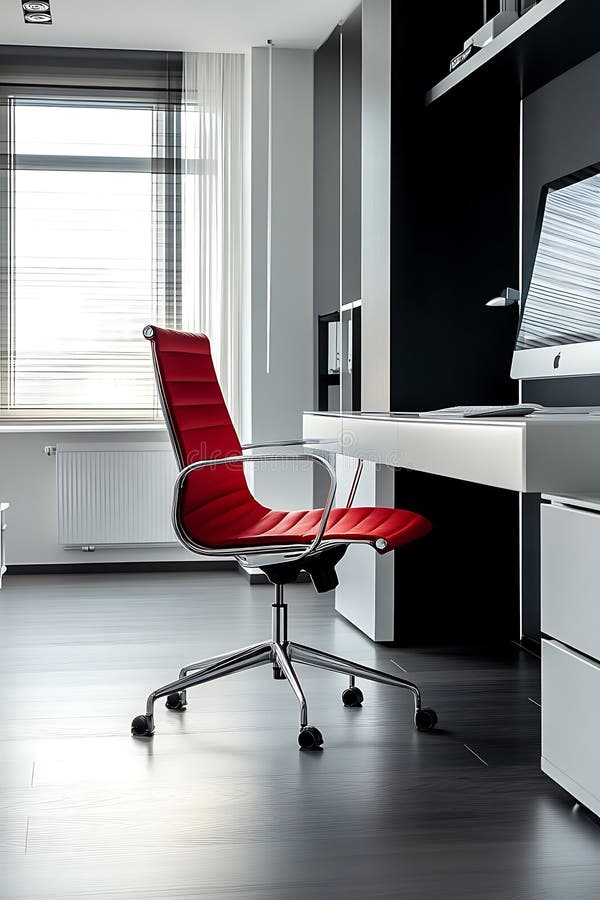 Modern Open Office with Minimalist Red Chair and White Desk Setup Stock ...