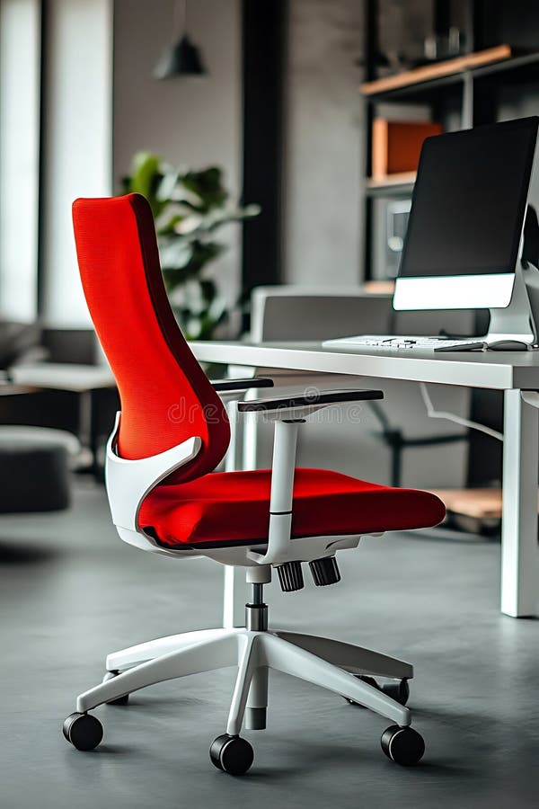 Modern Open Office with Minimalist Red Chair and White Desk Setup Stock ...