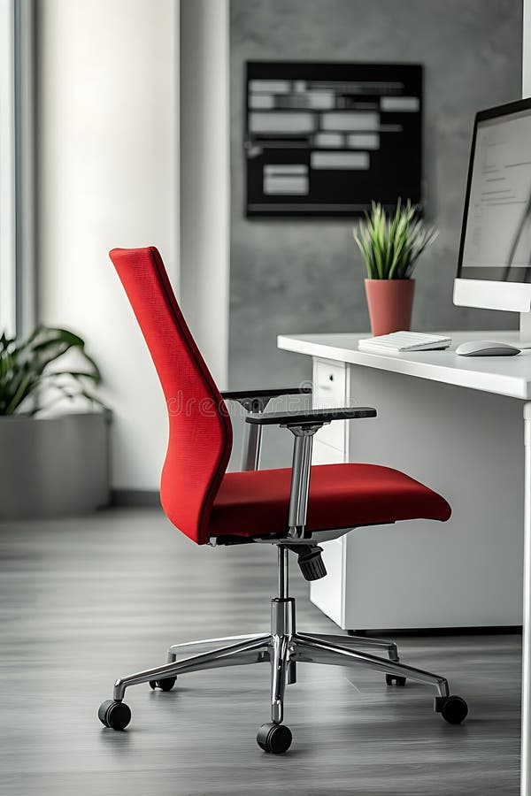 Modern Open Office with Minimalist Red Chair and White Desk Setup Stock ...