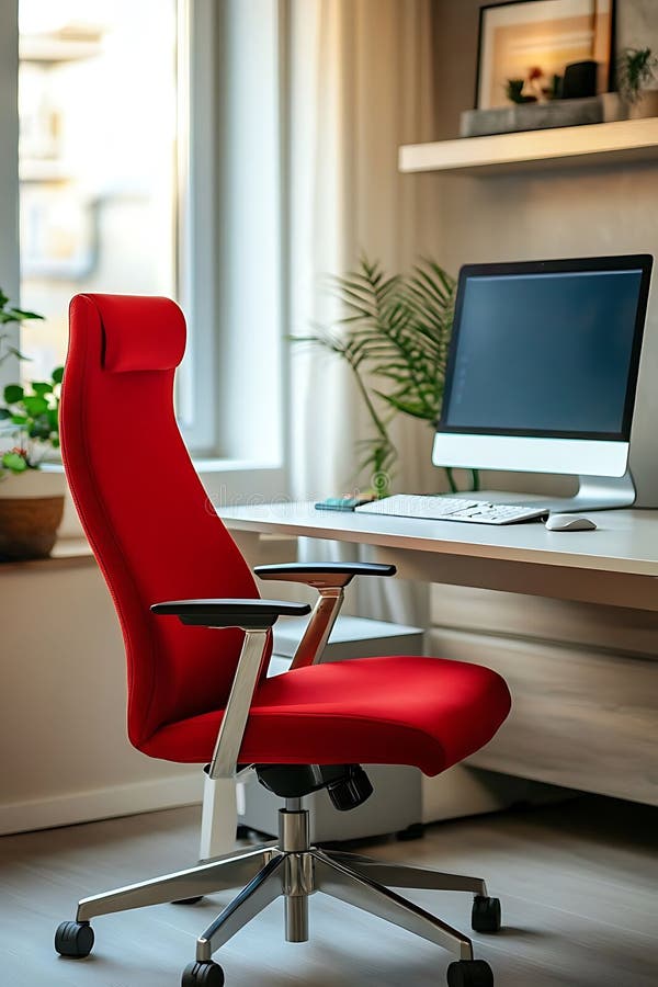 Modern Open Office with Minimalist Red Chair and White Desk Setup Stock ...