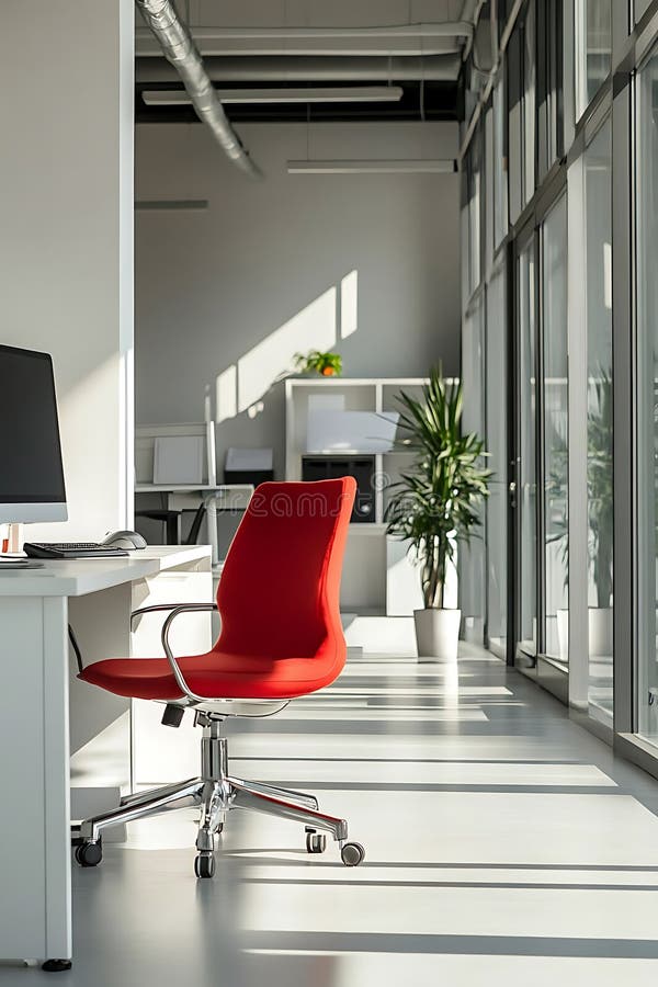 Modern Open Office with Minimalist Red Chair and White Desk Setup Stock ...