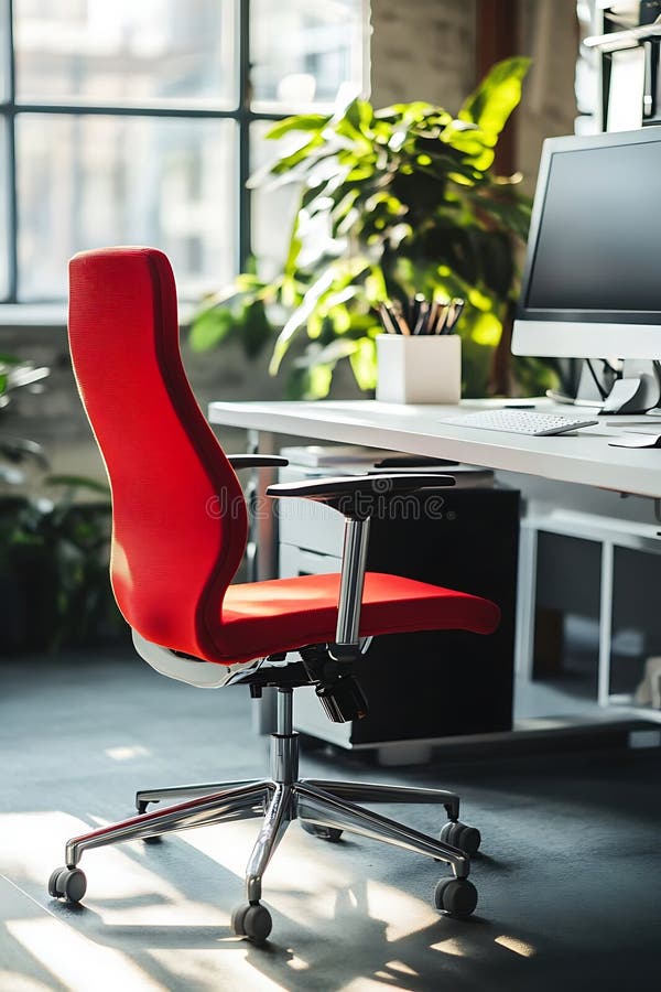 Modern Open Office with Minimalist Red Chair and White Desk Setup Stock ...