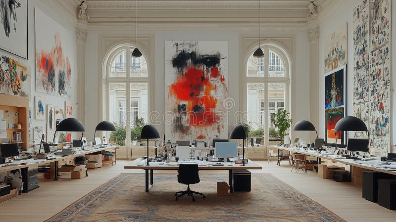 Modern Open Office Space with Artistic Decor and Large Windows Stock ...