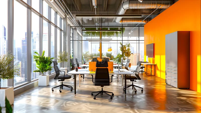 Modern Open Office Space with Bright Orange Walls and Large Windows ...