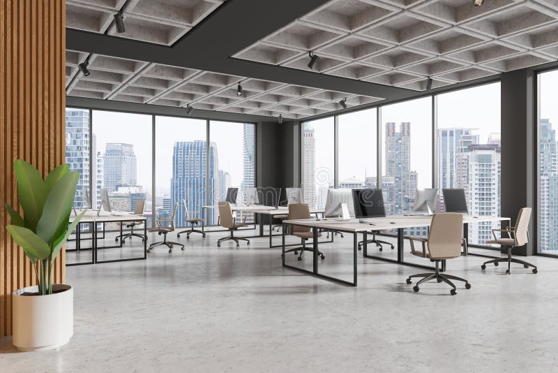 Modern Open Office Space with Cityscape View, Minimalist Interior ...