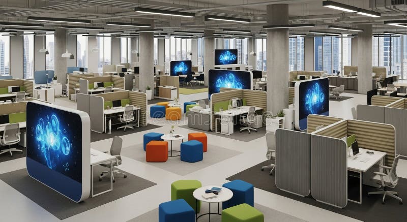 Modern Open Office Space with Cubicles and Collaboration Areas Stock Illustration - Illustration ...