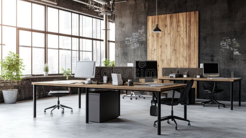 Modern Open Office Space with Desks and Computers in Urban Setting ...