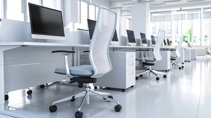 Modern Open Office Space with Ergonomic Chairs, Computer Desks, and ...