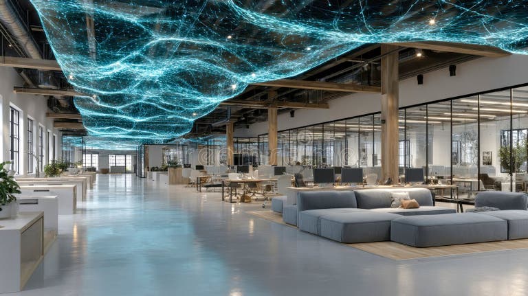 A Modern Open Office Space Features a Glowing Neural Network Projected Across the Ceiling ...