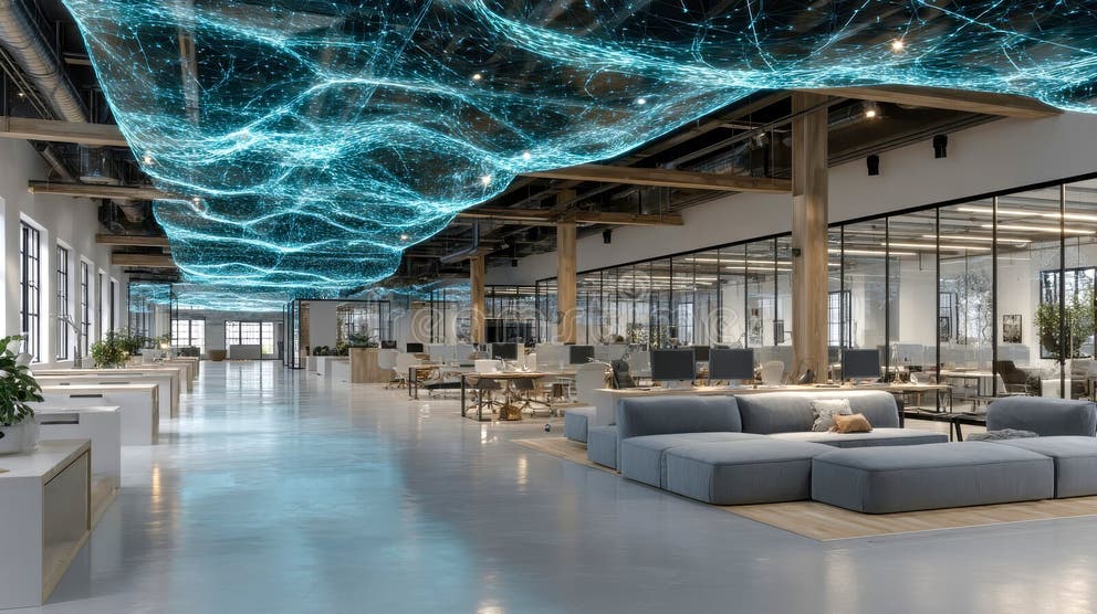 A Modern Open Office Space Features a Glowing Neural Network Projected ...