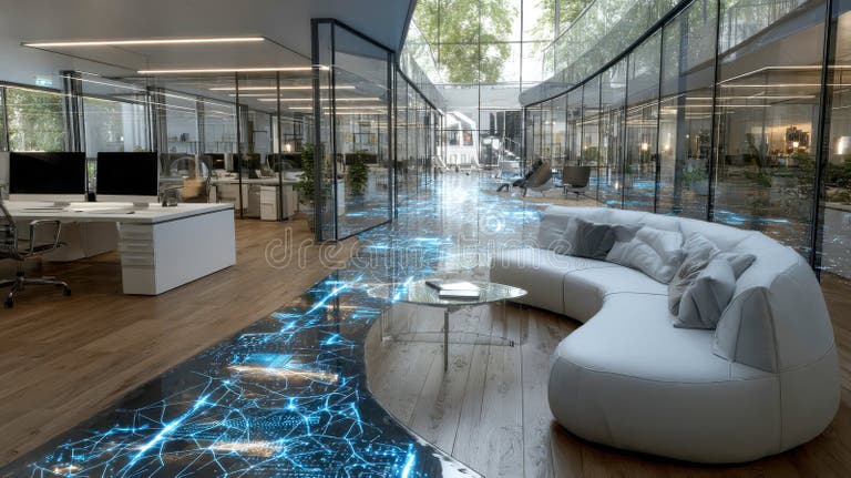 A Modern Open Office Space Features a Glowing Neural Network Projected Across the Ceiling ...