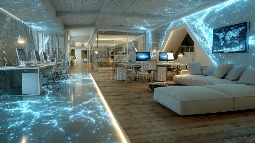 A Modern Open Office Space Features a Glowing Neural Network Projected Across the Ceiling ...