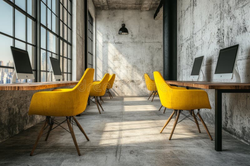 A Modern Open Office Space Featuring Large Desks, Yellow Chairs, and ...