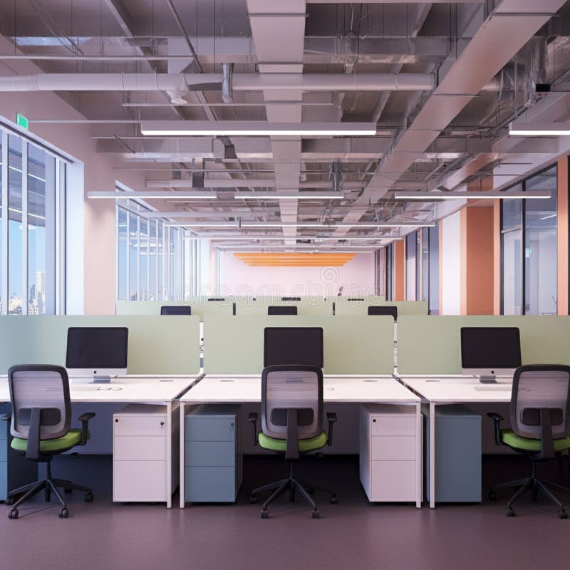 Modern Open Office Space Featuring Multiple Rows of White Desks with Partition Stock ...