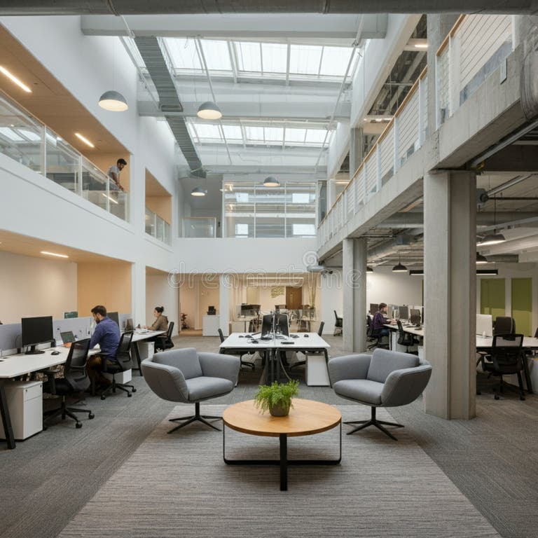 Modern Open Office Space Featuring Multiple Workstations with Desktop ...