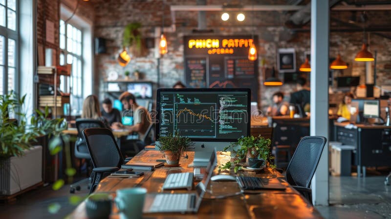 Modern Open Office Space with Multiple Computer Screens, Team Collaboration, and Industrial ...