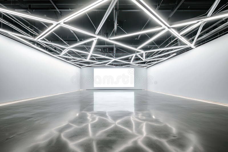 Modern Open Office Space with Polished Floor, Geometric LED Ceiling ...