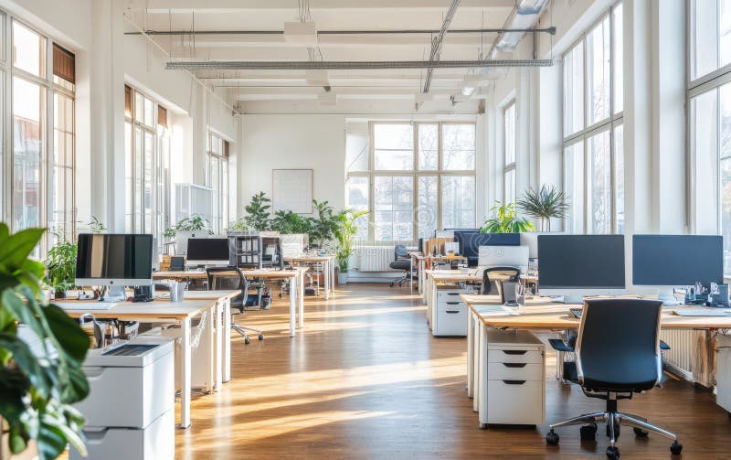 Modern Open Office Space with Windows, Desks, and Computers Stock ...