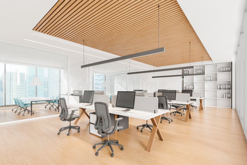 Modern Open Office Space with Workstations, Wood Panel Ceiling, and ...