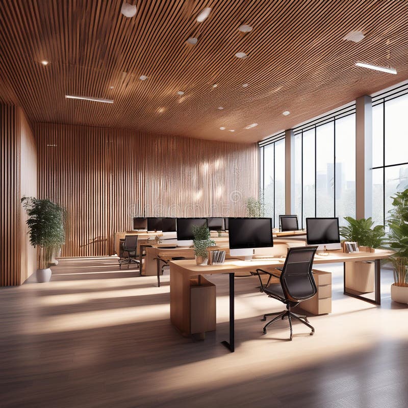 Modern Open Office Space with Workstations, Wood Panel Ceiling, and ...