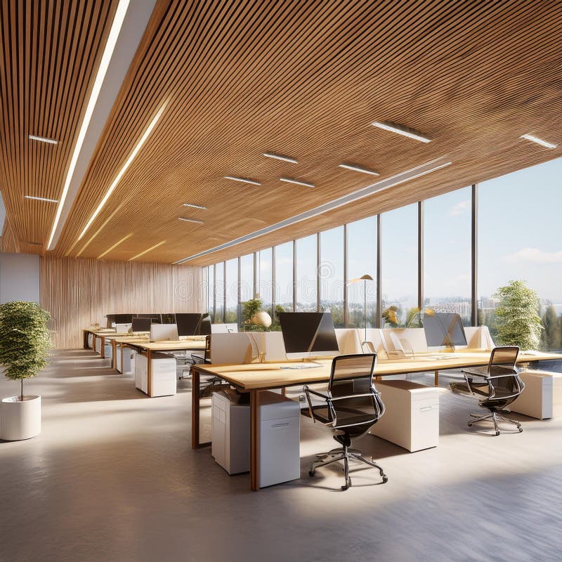 Modern Open Office Space with Workstations, Wood Panel Ceiling, and ...