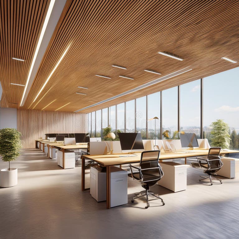 Modern Open Office Space with Workstations, Wood Panel Ceiling, and ...