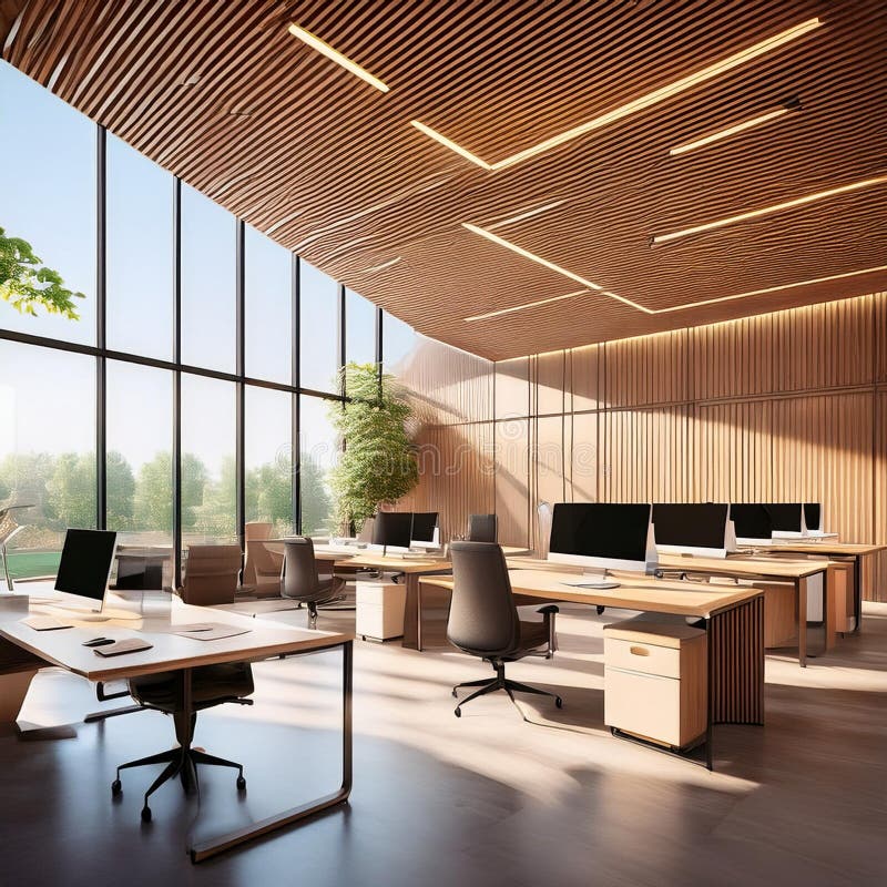 Modern Open Office Space with Workstations, Wood Panel Ceiling, and ...