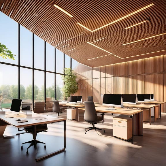 Modern Open Office Space with Workstations, Wood Panel Ceiling, and ...