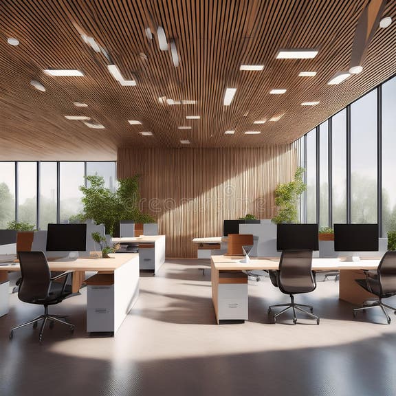 Modern Open Office Space with Workstations, Wood Panel Ceiling, and ...