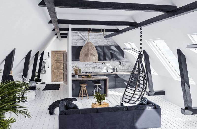 Modern Open-plan Apartment in Attic, Loft Style Stock Illustration ...
