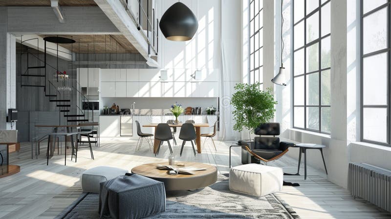 Modern Open-plan Apartment in Attic, Loft Style. Generative Ai Stock ...