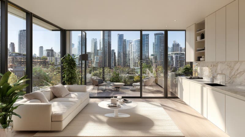 Modern Open-plan Apartment Interior with Balcony, Panoramic City Views ...