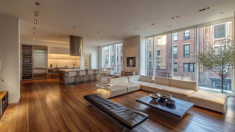 Modern Open Plan Apartment Interior with City View Stock Illustration ...