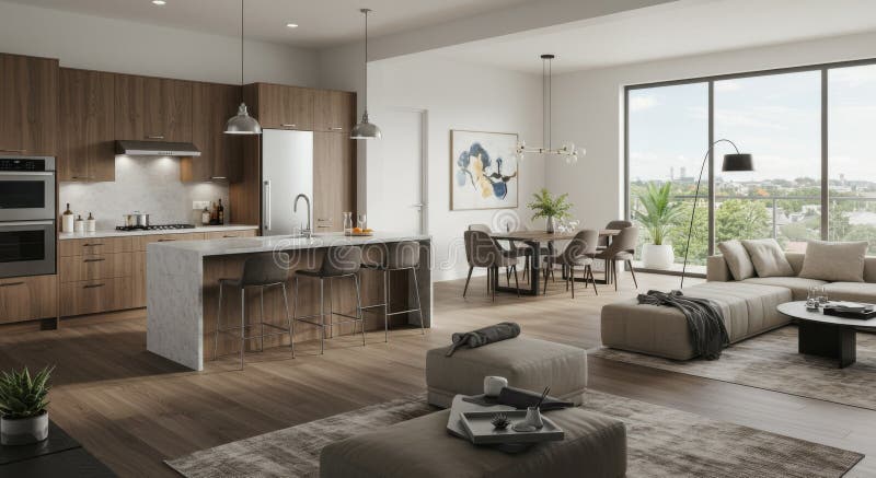 Modern Open Plan Apartment Interior with City View Stock Illustration ...