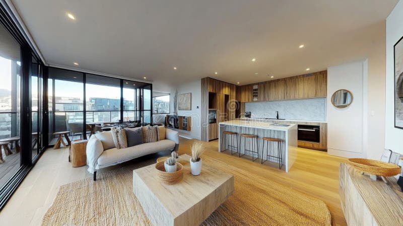 Modern Open Plan Apartment Interior Design with City View Stock ...