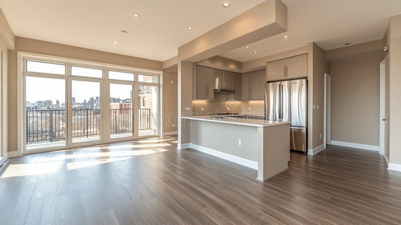 Modern Open-plan Apartment Interior with Hardwood Floors, Large Windows ...