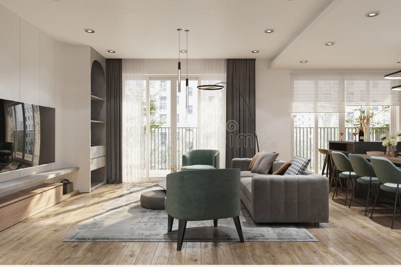 Modern Open Plan Apartment with Stylish Living Room with Dining Area in ...