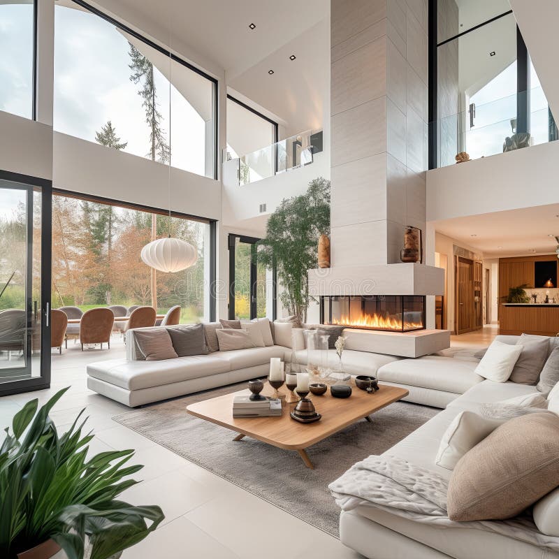 Modern Open Plan Home Interior with Burning Fireplace. - AI Generated ...