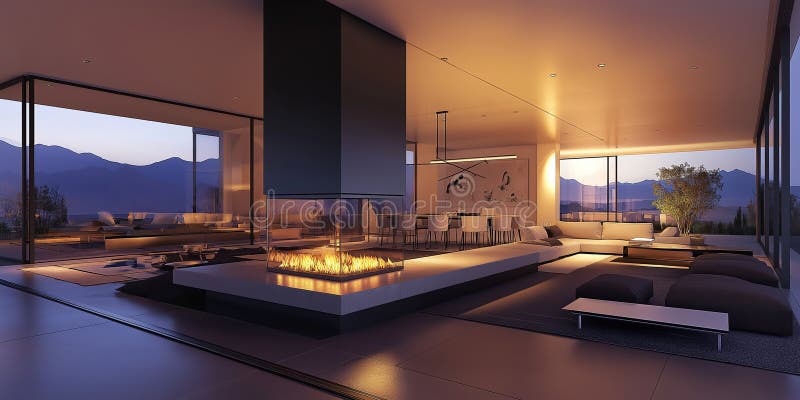 Modern Open Plan Home Interior with Fireplace Burning at Sunset Stock ...