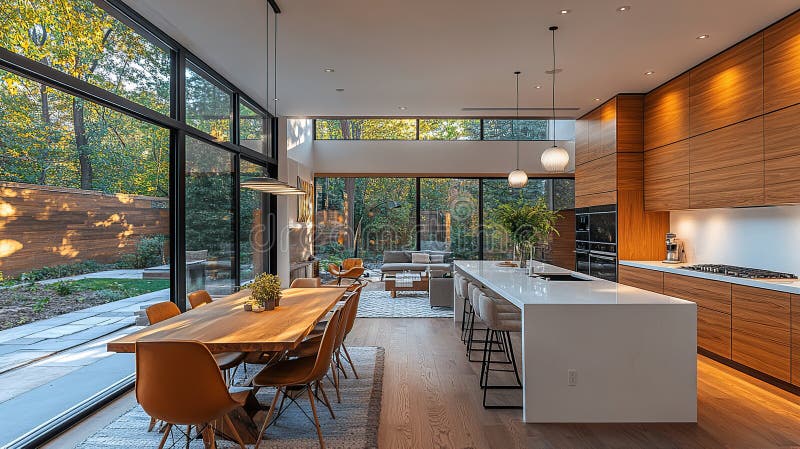 Modern Open-plan Home Interior with Large Windows, Wooden Kitchen Cabinets, Dining Table, and ...