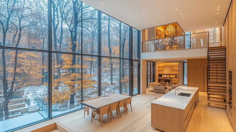 Modern Open-plan Home with Large Windows Stock Illustration ...