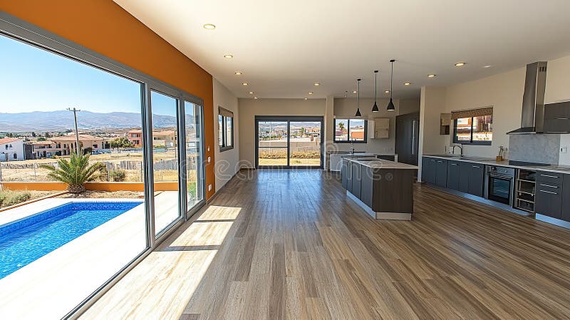 Modern Open-plan Home with Panoramic Views and Pool Stock Illustration ...