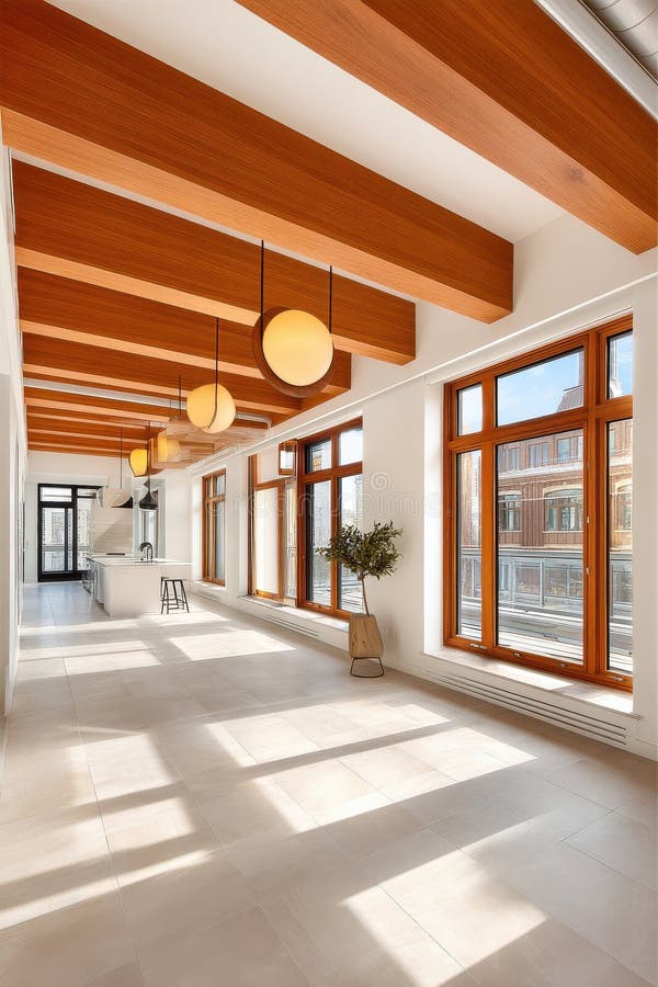 Modern Open-plan Interior with Wooden Beams and Large Sunlight-filled ...