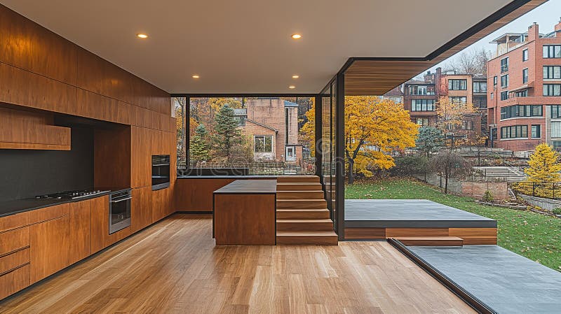 Modern Open-plan Kitchen with City Views Stock Illustration ...